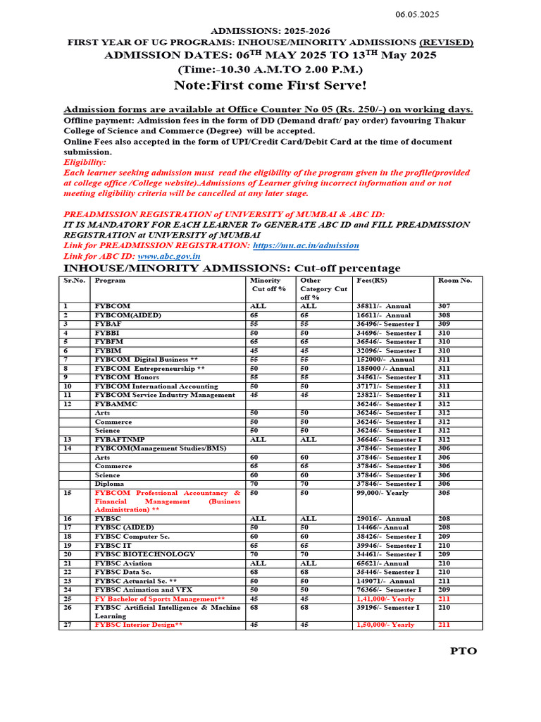 Revised Cut Off Ug - Inhouse & Minority Admissions 2025-26. | PDF ...