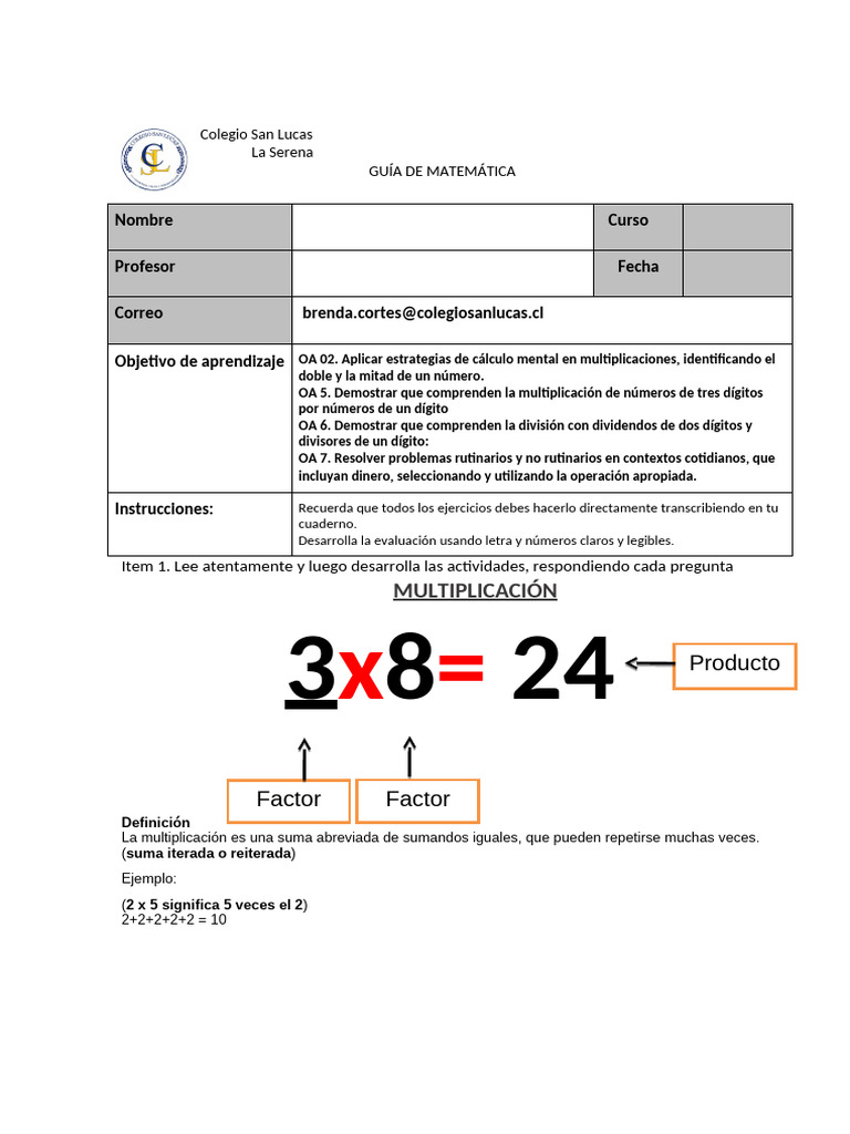 Guía de Matemática: Multiplicación y División | PDF | Multiplicación ...
