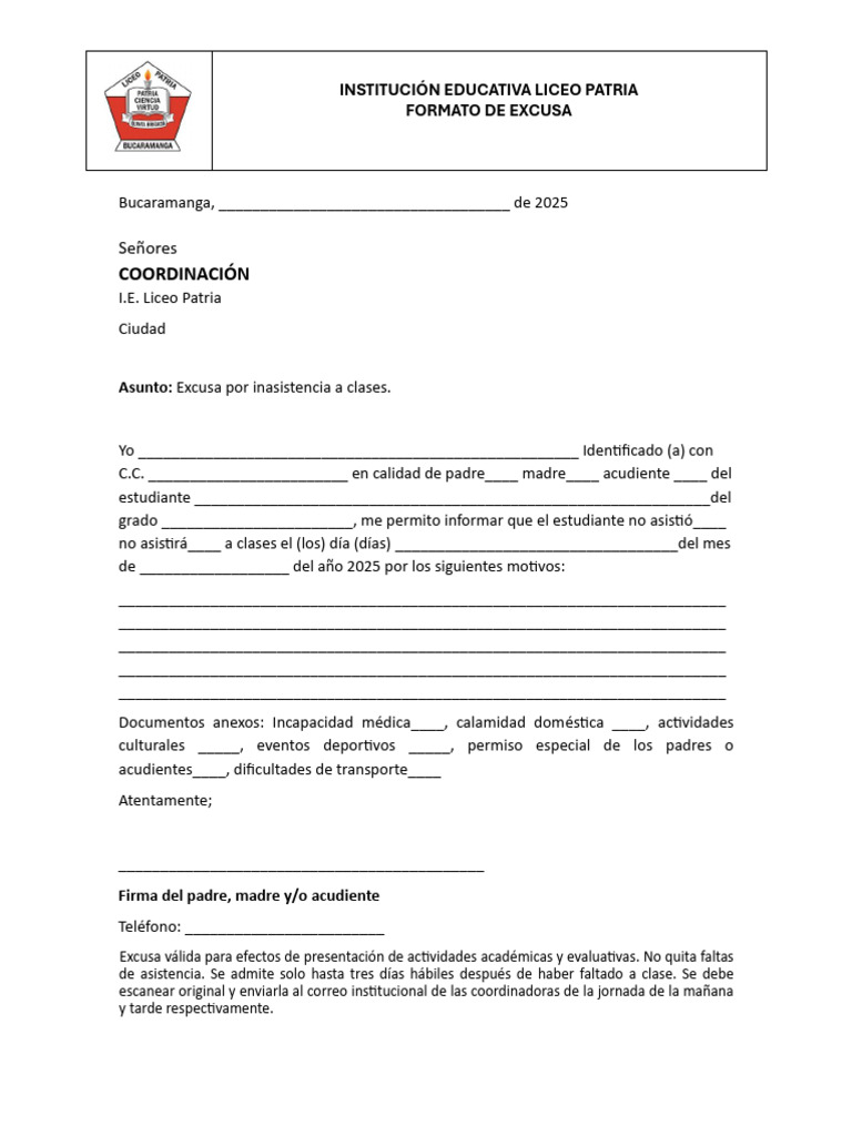 Formato Excusas PDF | PDF