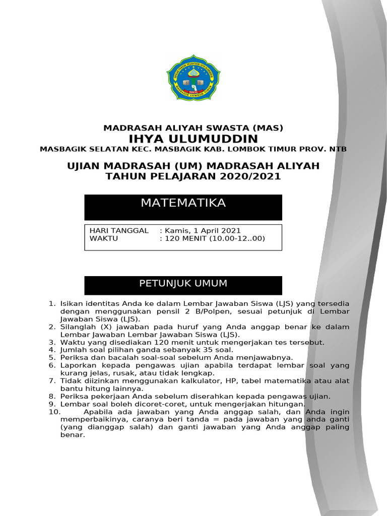 Sampul Naskah Ujian Madrasah 2021 | PDF
