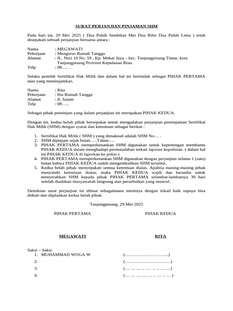 Surat Pinjam SHM Megawati | PDF