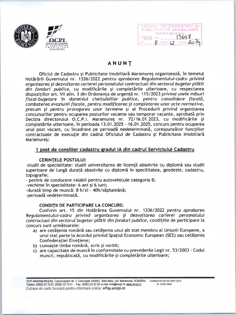 Anunt Concurs Consilier Cadastru GR IA 13 16.01.2025 | PDF