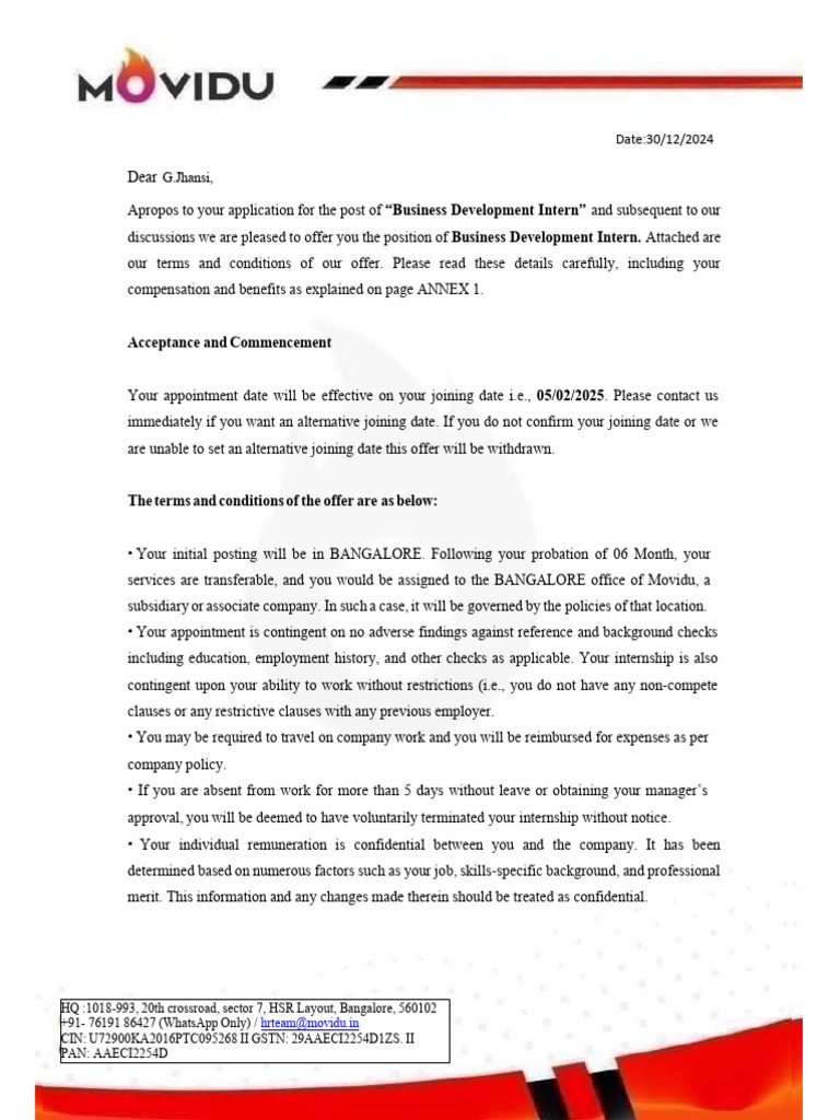 Movidu Technology Internship Offer Letter | PDF | Confidentiality ...