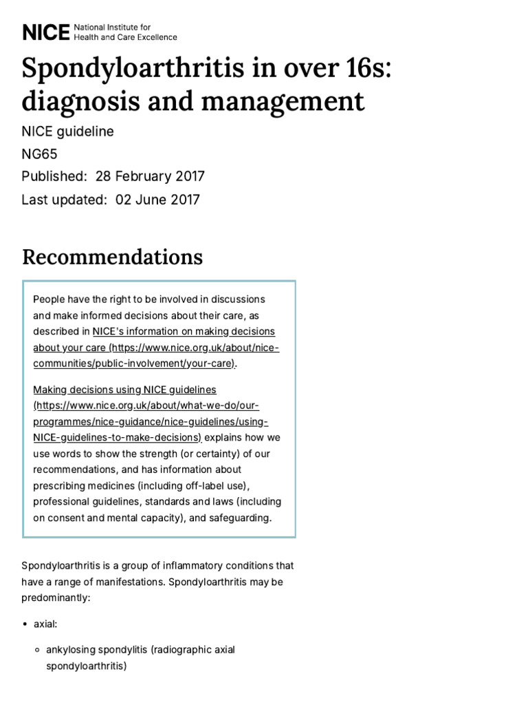 Recommendations - Spondyloarthritis in Over 16s - Diagnosis and ...