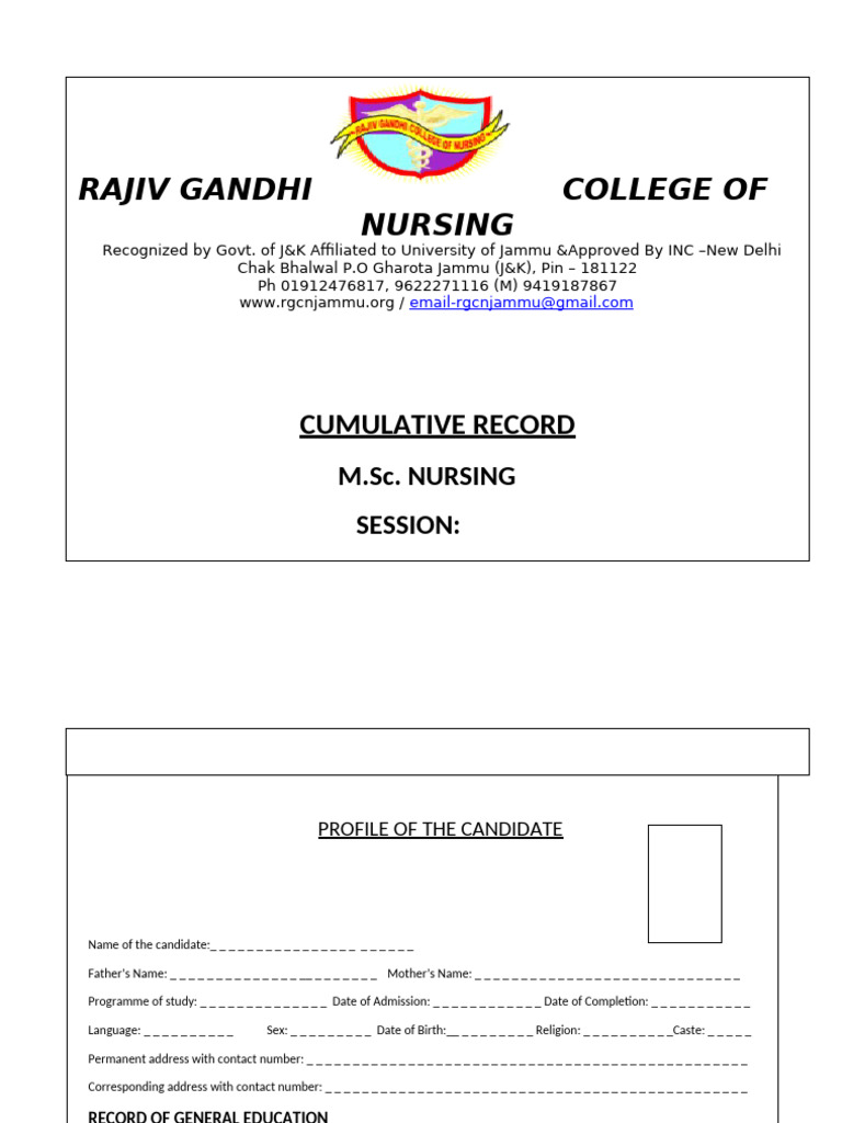 M.Sc. Nursing Cumulative Record Form | PDF