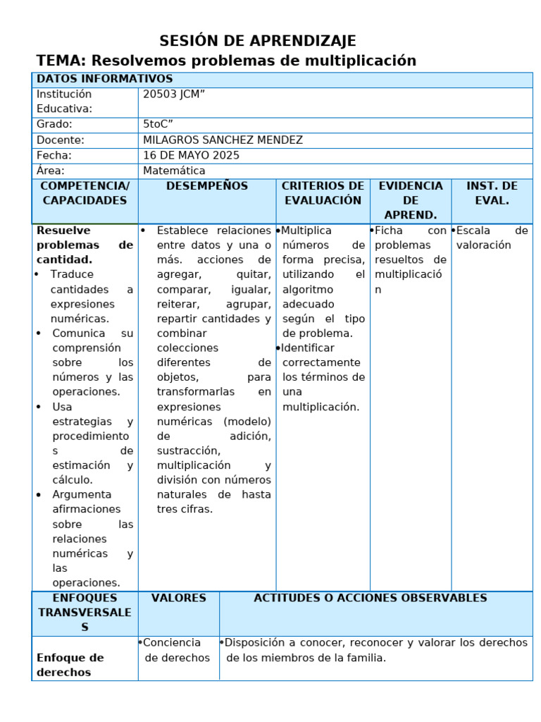 Sesion Problemas de Multiplicacion | PDF | Multiplicación | Aprendizaje