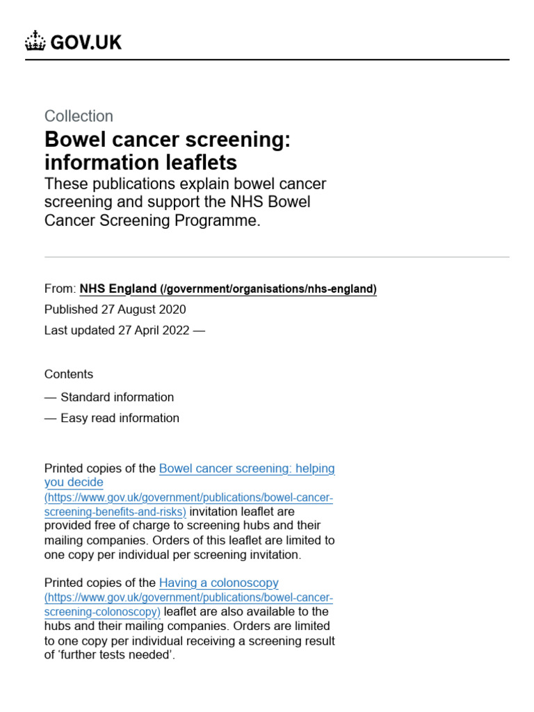 Bowel Cancer Screening - Information Leaflets - GOV - UK | PDF ...