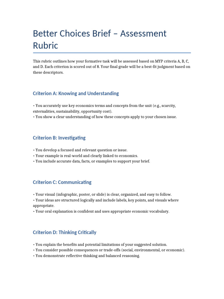 Better Choices Brief Rubric | PDF