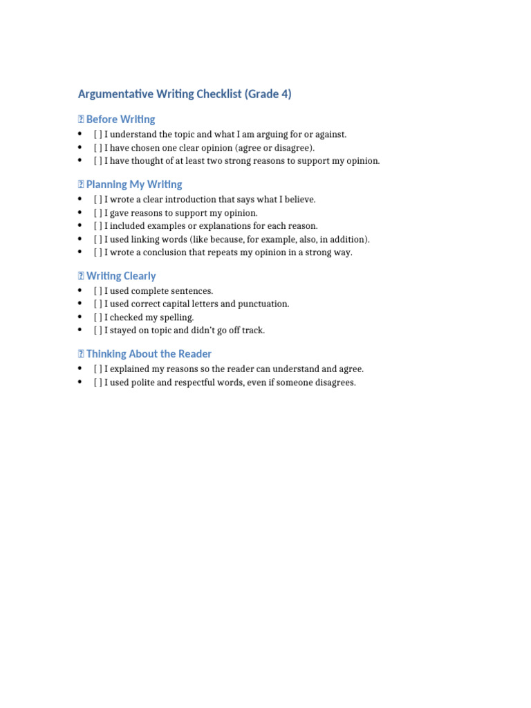 Argumentative Writing Checklist Grade 4 | PDF