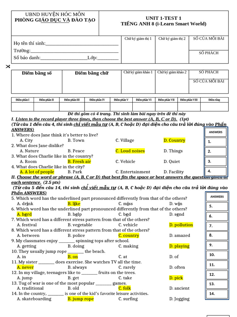 Keys-Unit 2-Test 2-BVT | PDF | Vietnam