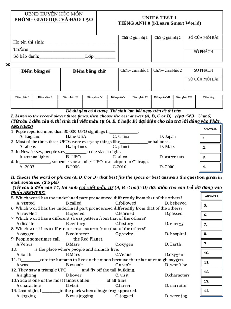 Unit 6 Test 1: English 8 Exam | PDF | Unidentified Flying Object