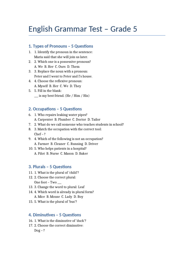 Grade 5 English Grammar Quiz | PDF