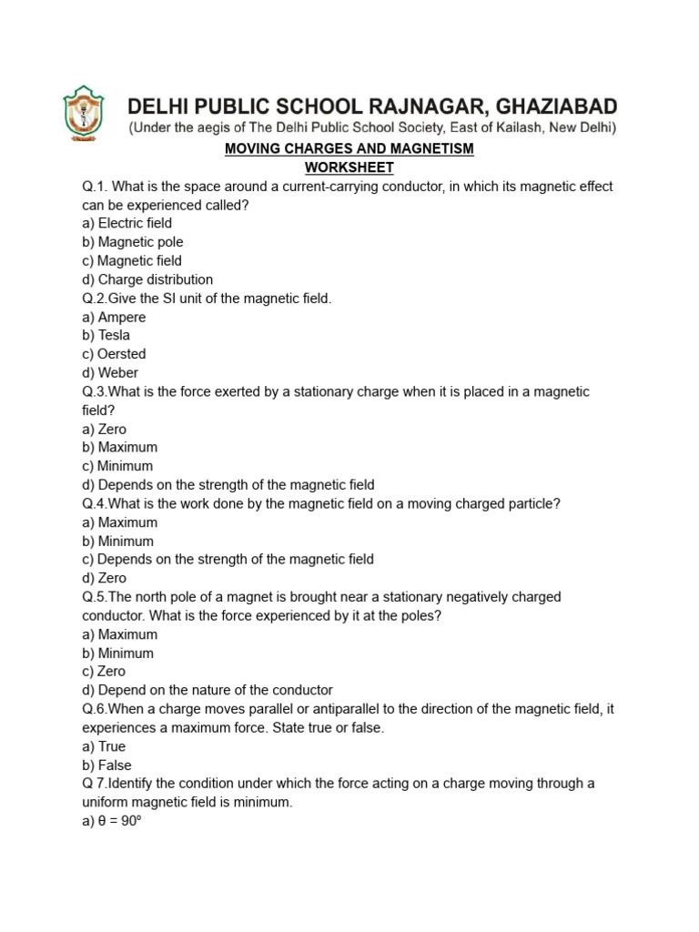 Moving Charges and Magnetism MCQ WORKSHEET | PDF | Magnetic Field ...