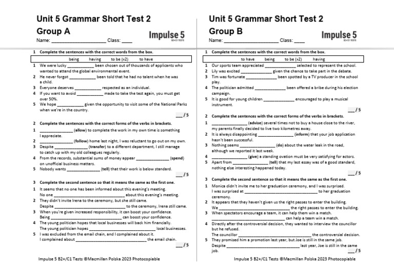 Unit 5 Grammar Short Test 2 A+B | PDF