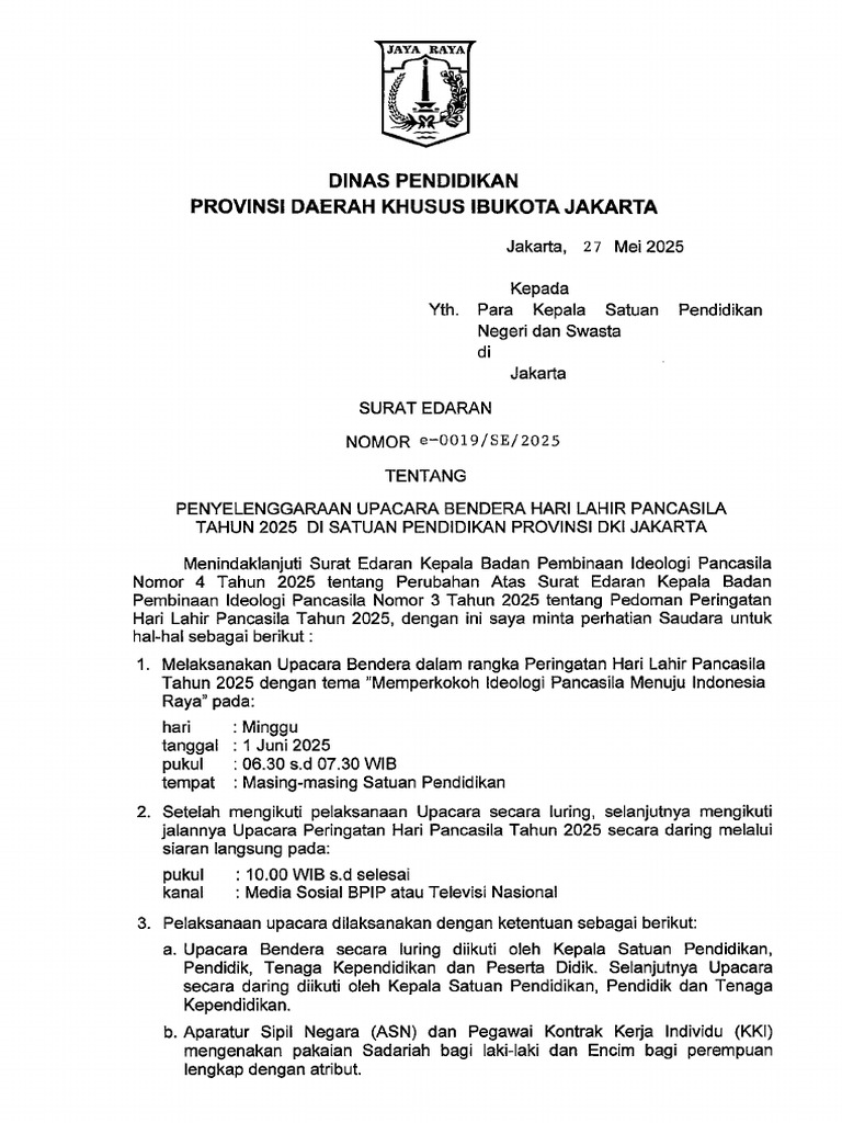 Edaran Upacara Hari Lahir Pancasila 2025-Sekolah | PDF