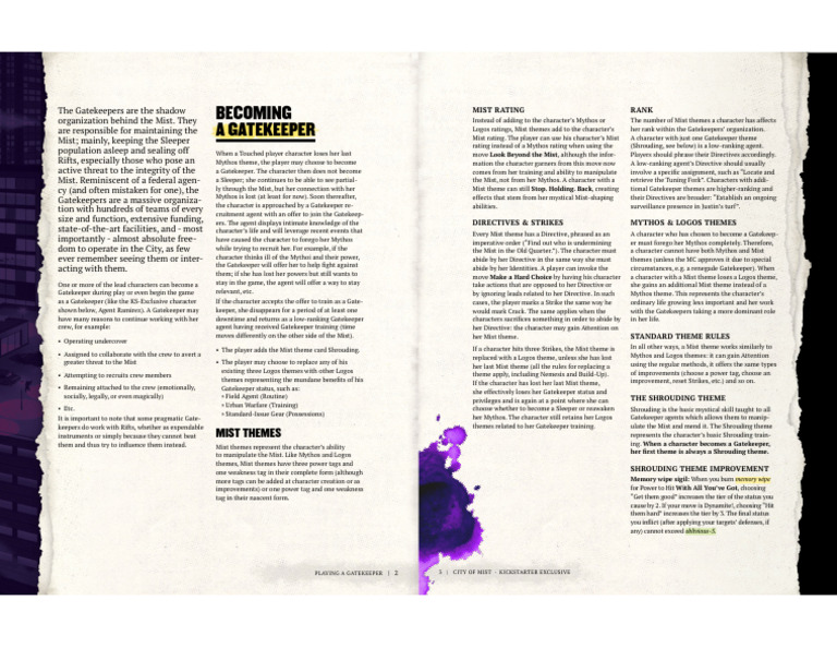 City of Mist - Gatekeeper - Playbook + Playing A Gatekeeper Rules | PDF