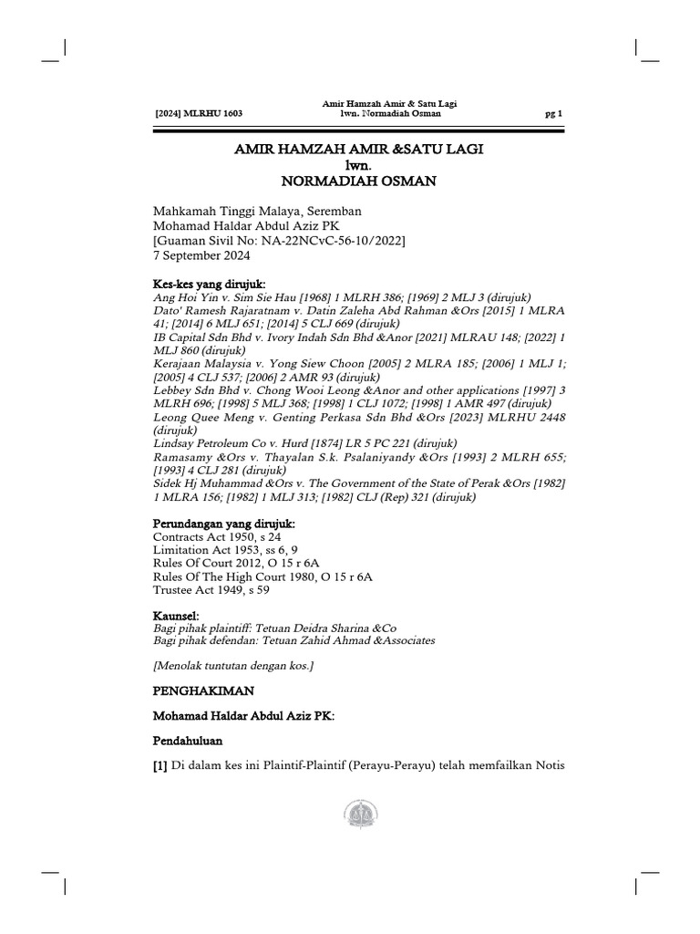 Tidur Di Atas Hak Sendiri - Amir Hamzah Vs Normadiah Osman | PDF