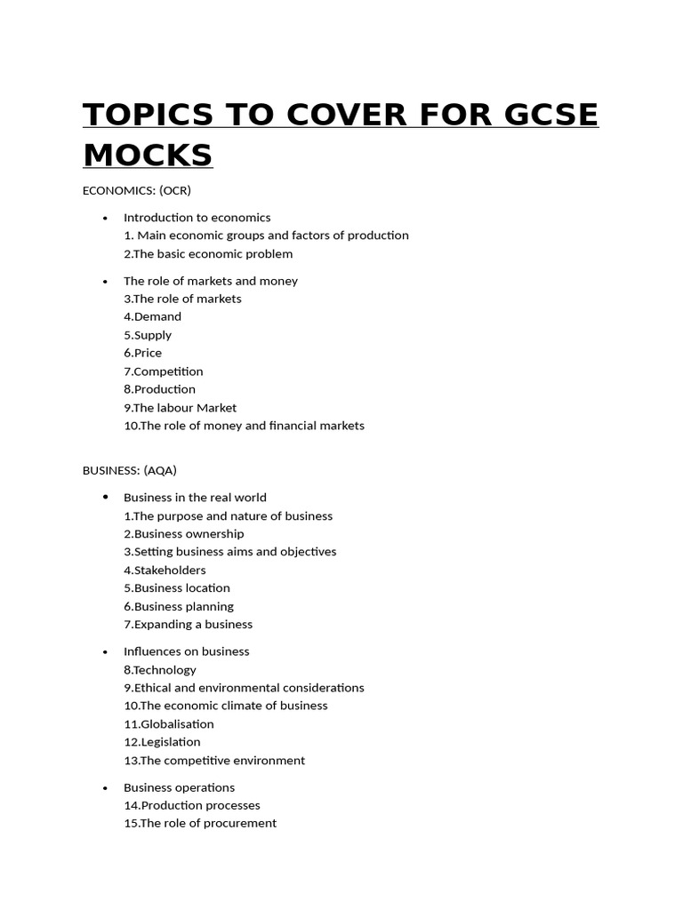 Topics To Cover For Gcse Mocks | PDF