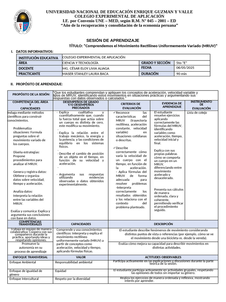 Sesion de Aprendizaje 5to e - Laura Baca Maser | PDF | Aceleración ...