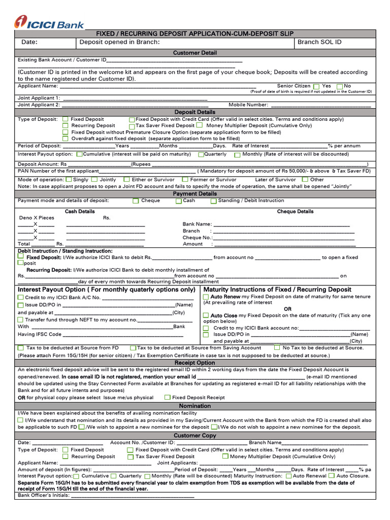 ICICI Fixed Deposit Application Form | PDF | Banks | Financial Services