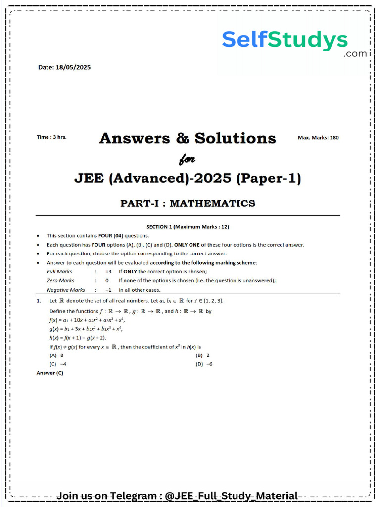 JEE Advanced Answer Key 2025 - Paper - 1 | PDF