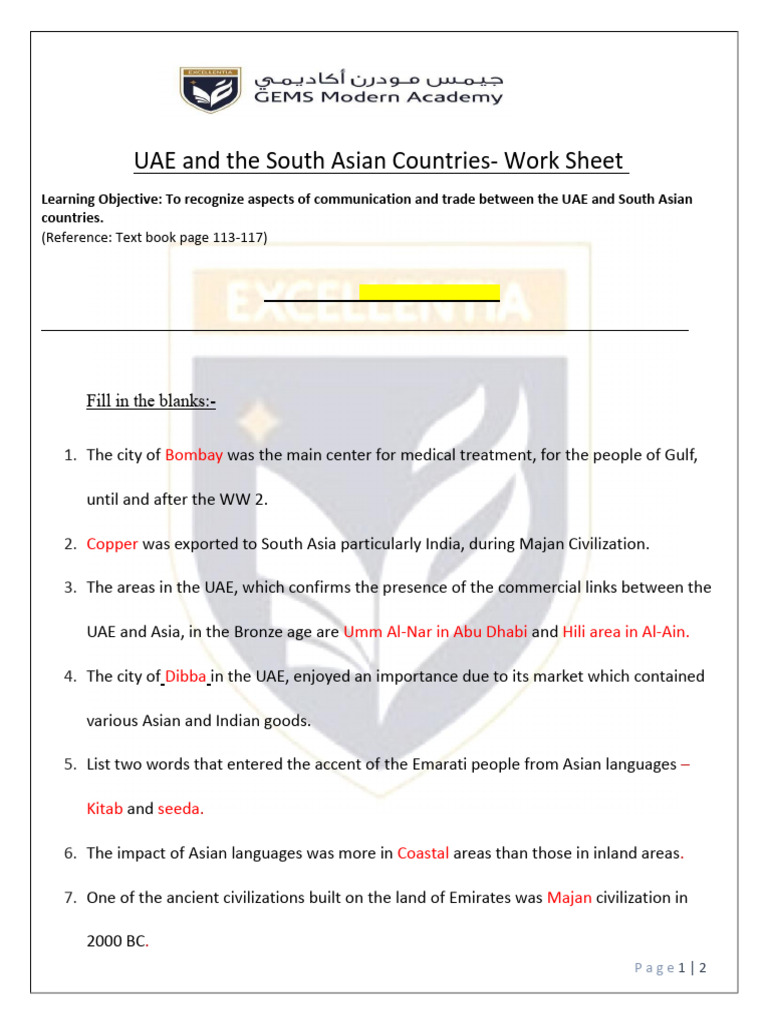 UAE and The South Asian Countries Work Sheet - Answer Key 12th Feb 2020 ...