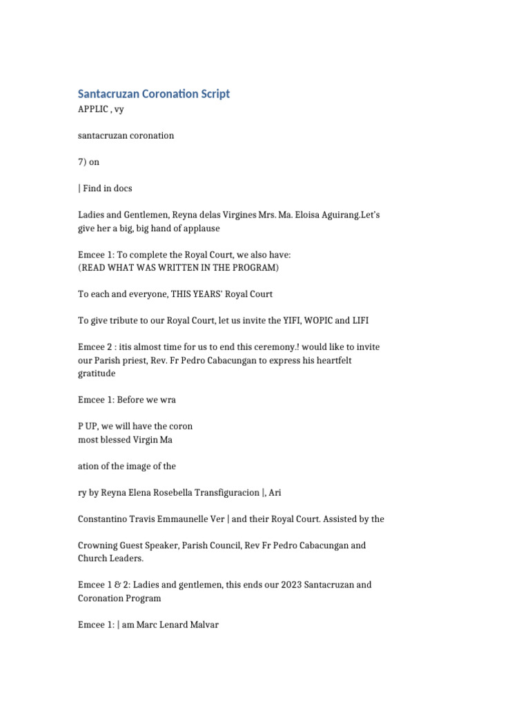 Santacruzan Coronation Script | PDF | Ceremonies | Catholic Church