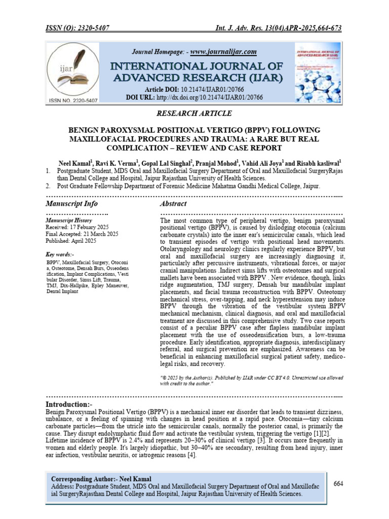 Benign Paroxysmal Positional Vertigo (BPPV) Following Maxillofacial ...