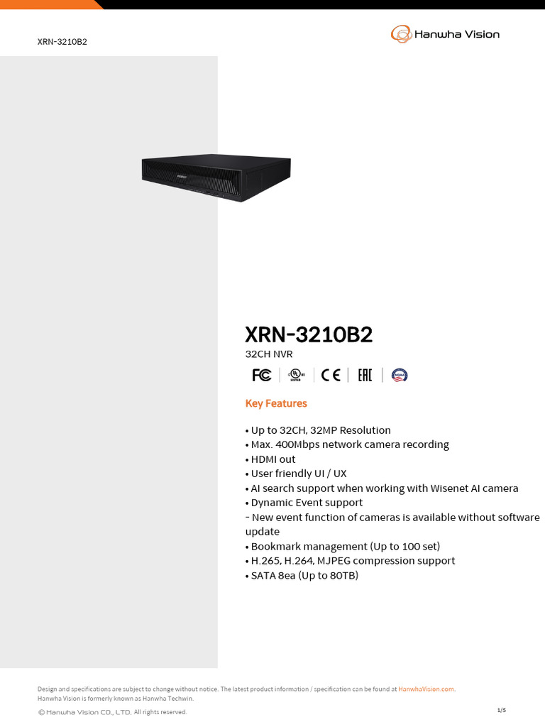 32CH NVR XRN-3210B2 Specifications | PDF | Hdmi | Internet Protocols