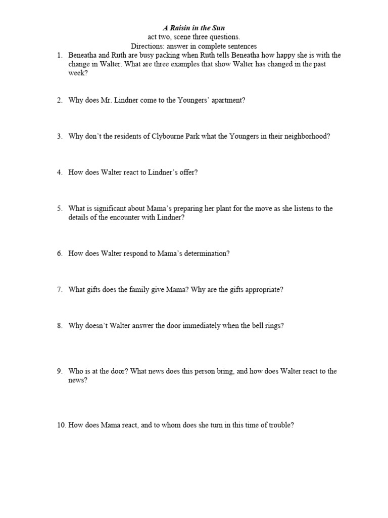 A Raisin in the Sun Act 2 Scene 3 Questions | PDF