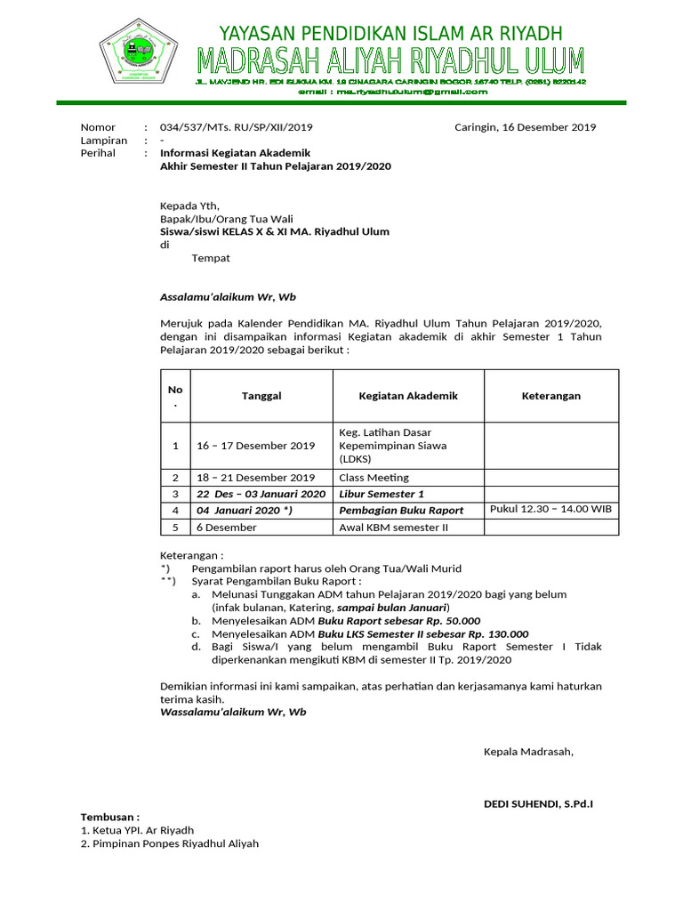 Surat Pemberitahuan Libur | PDF