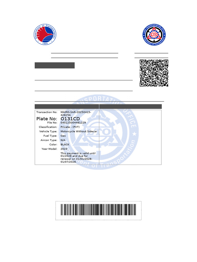 LTO Official Receipt for Motorcycle Registration | PDF | Transport ...