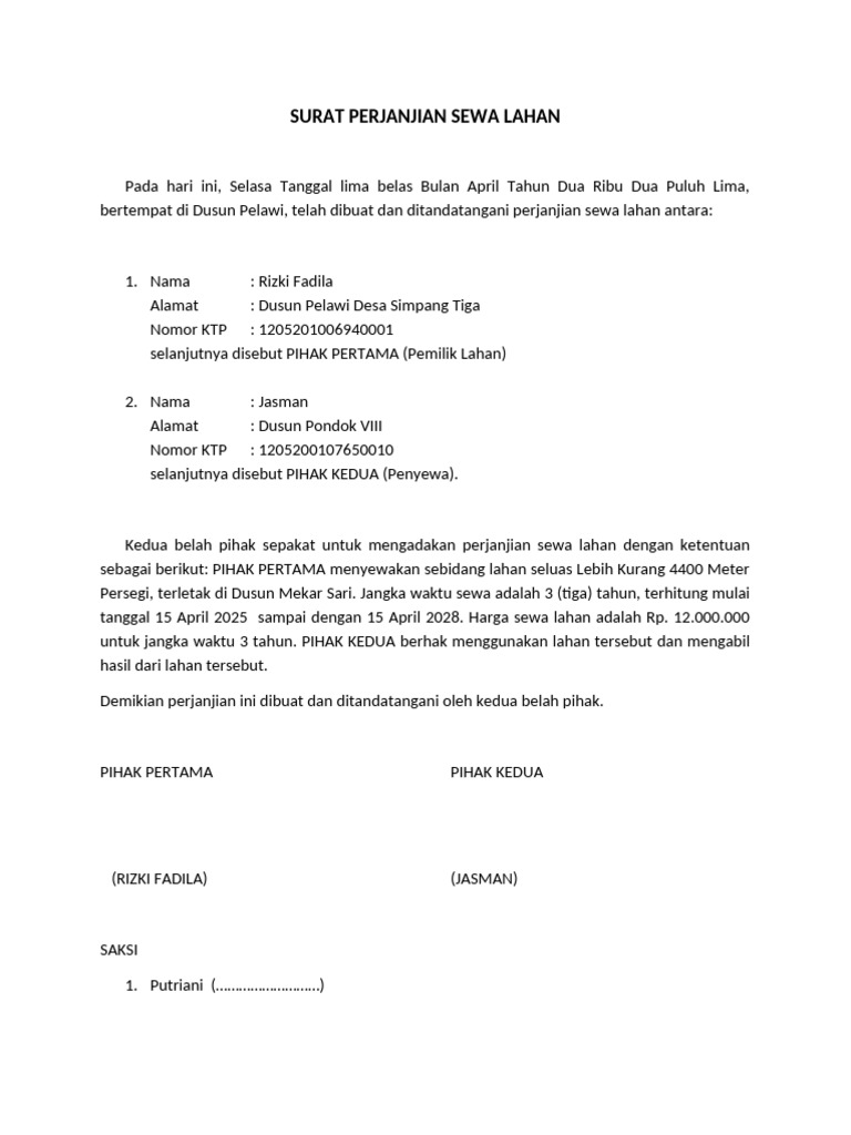Contoh Surat Perjanjian Sewa Lahan | PDF