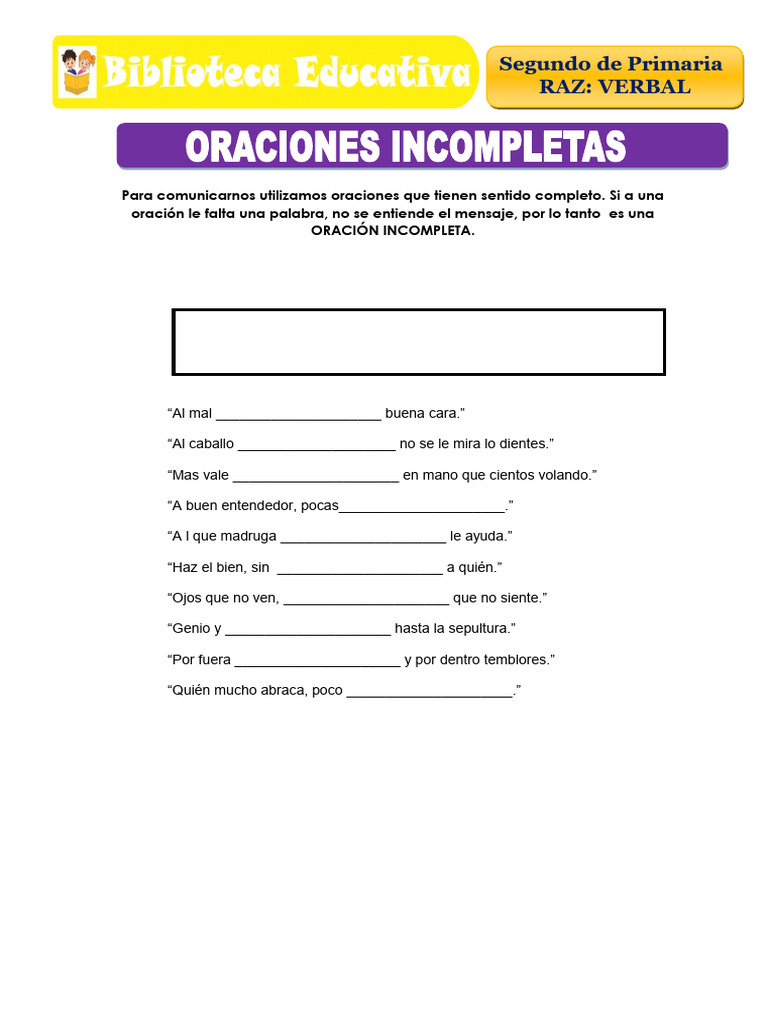 Ejercicios de Oraciones Incompletas 2° Primaria | PDF