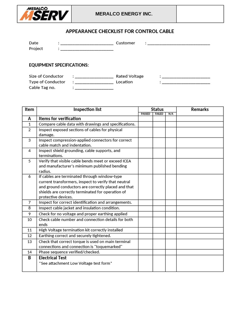 16 PMM Control Cable - Inspection Checklist | PDF | Manufactured Goods ...