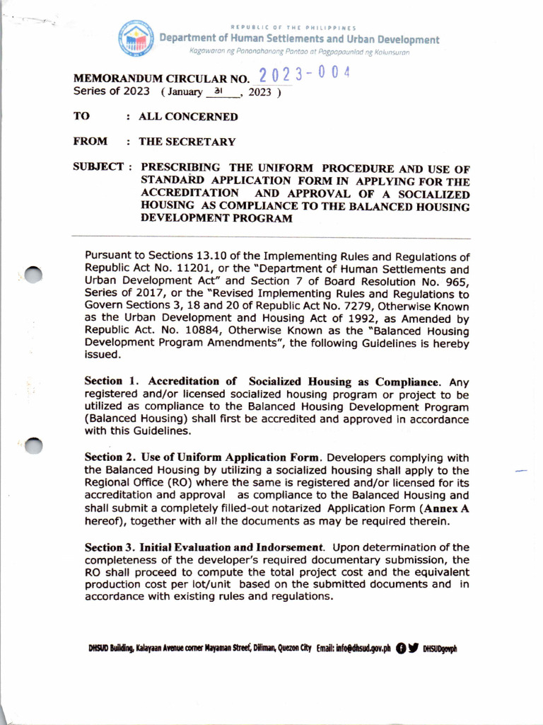 DHSUD Memorandum Circular No. 2023-004 | PDF