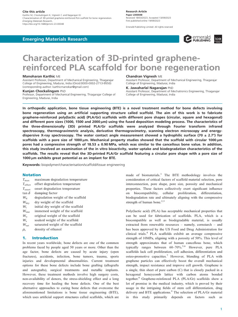 Characterization of 3D printed graphene reinforced PLA scaffold for bone regeneration - Proof ...