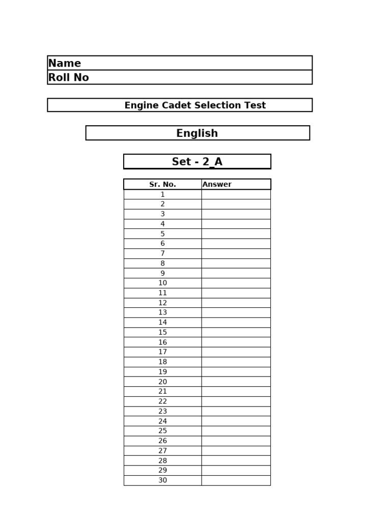 Blank Answer Sheet For Engine Cadet | PDF