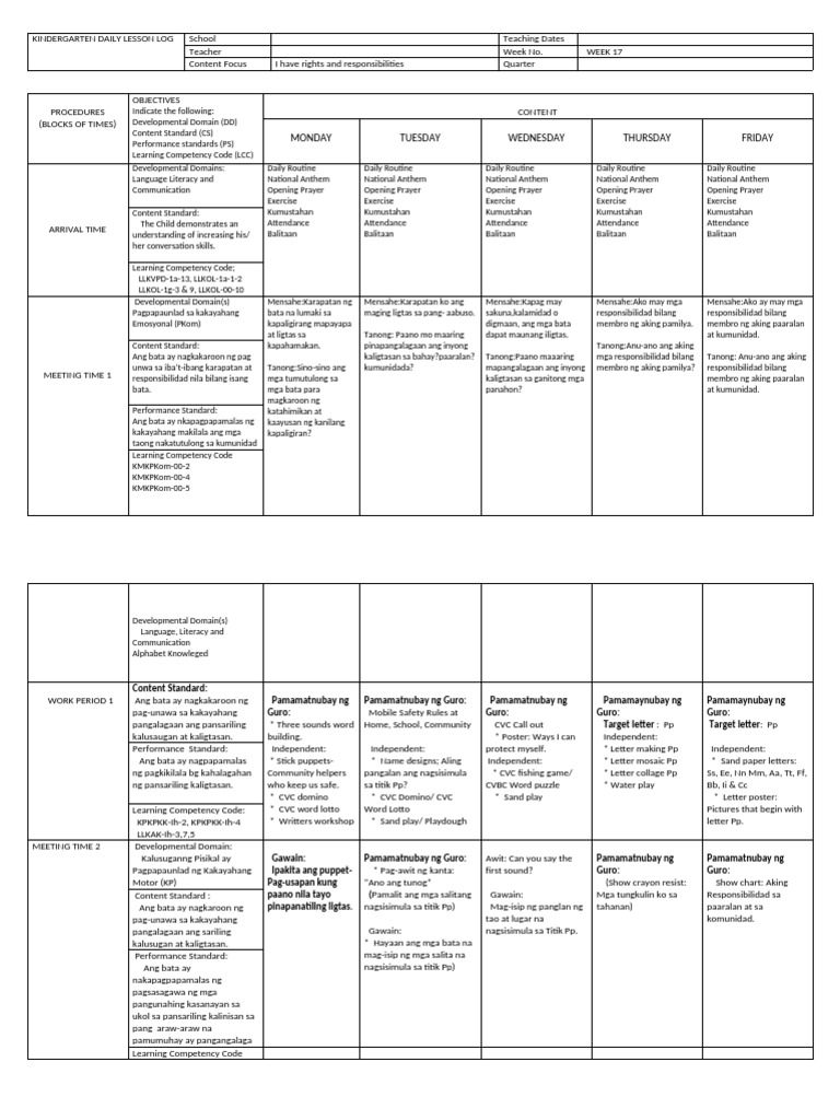 Kindergarten Daily Lesson Log | PDF