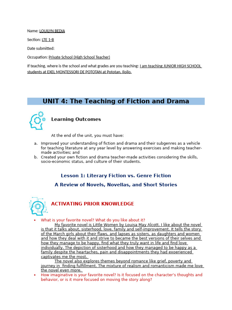 Teaching Fiction and Drama in Literature | PDF | Novella | Narrative