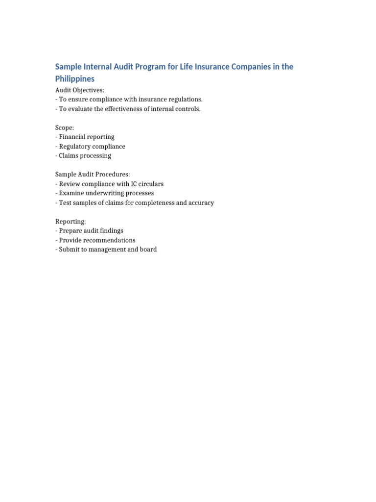 Internal Audit Program for Life Insurance | PDF