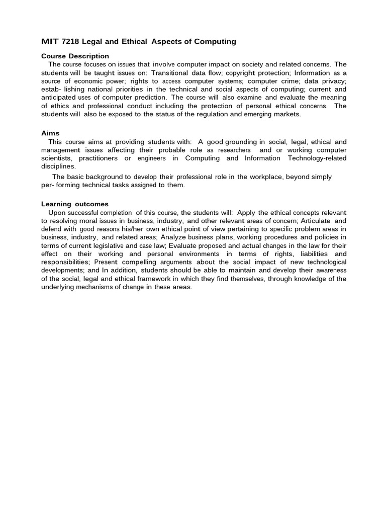 Legal and Ethical Computing Course | PDF | Information | Computing