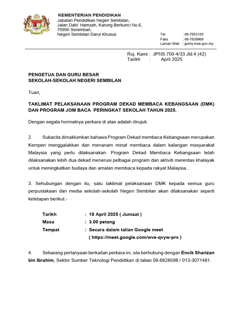 Surat Taklimat Program Dekad Membaca Kebangsaan (DMK) 2025 | PDF