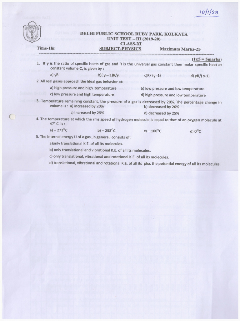 CL 11 2019-20 Physics Unit Test 3 | PDF