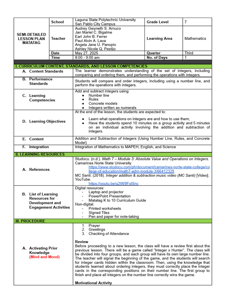 GROUP 2 - Semi-Detailed Lesson Plan | PDF | Subtraction | Cognition