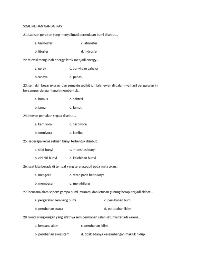 Soal Pilihan Ganda IPAS dan Bahasa Indonesia | PDF