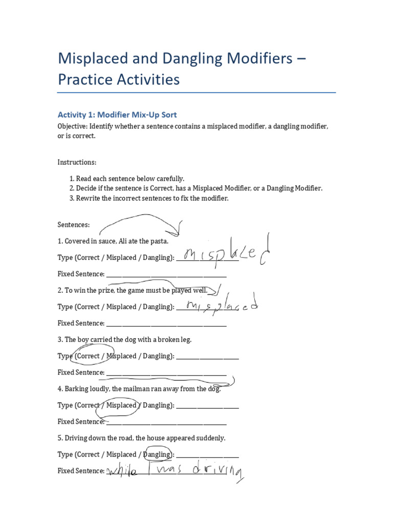 Misplaced and Dangling Modifiers Activities | PDF