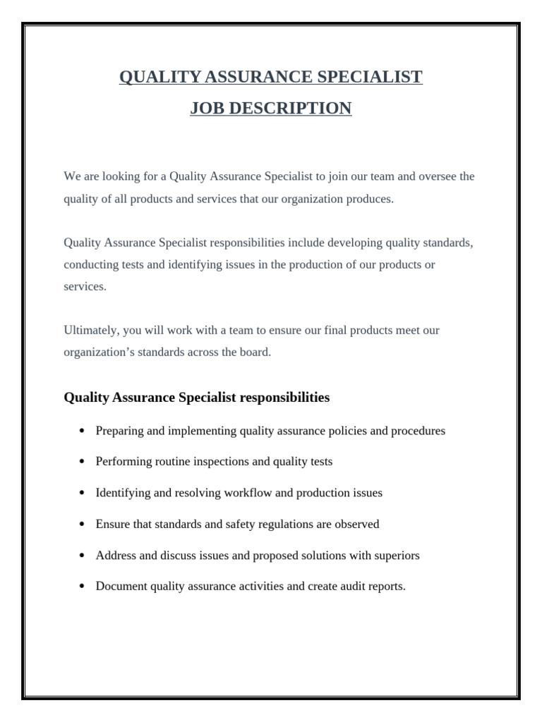 Quality Assurance Specialist Job | PDF | Quality Assurance | Quality Management System