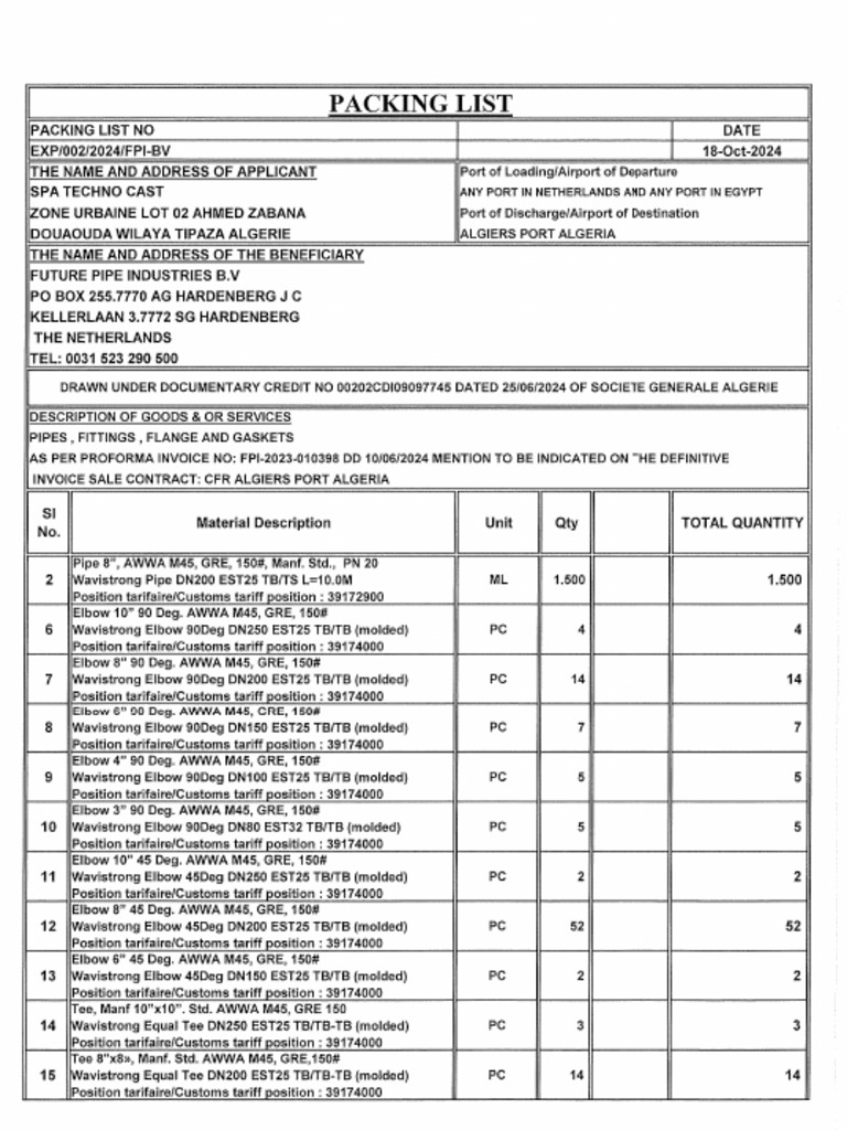 6 CONTAINERS PIPES-FITTINGS PACKINGLIST en Attente | PDF