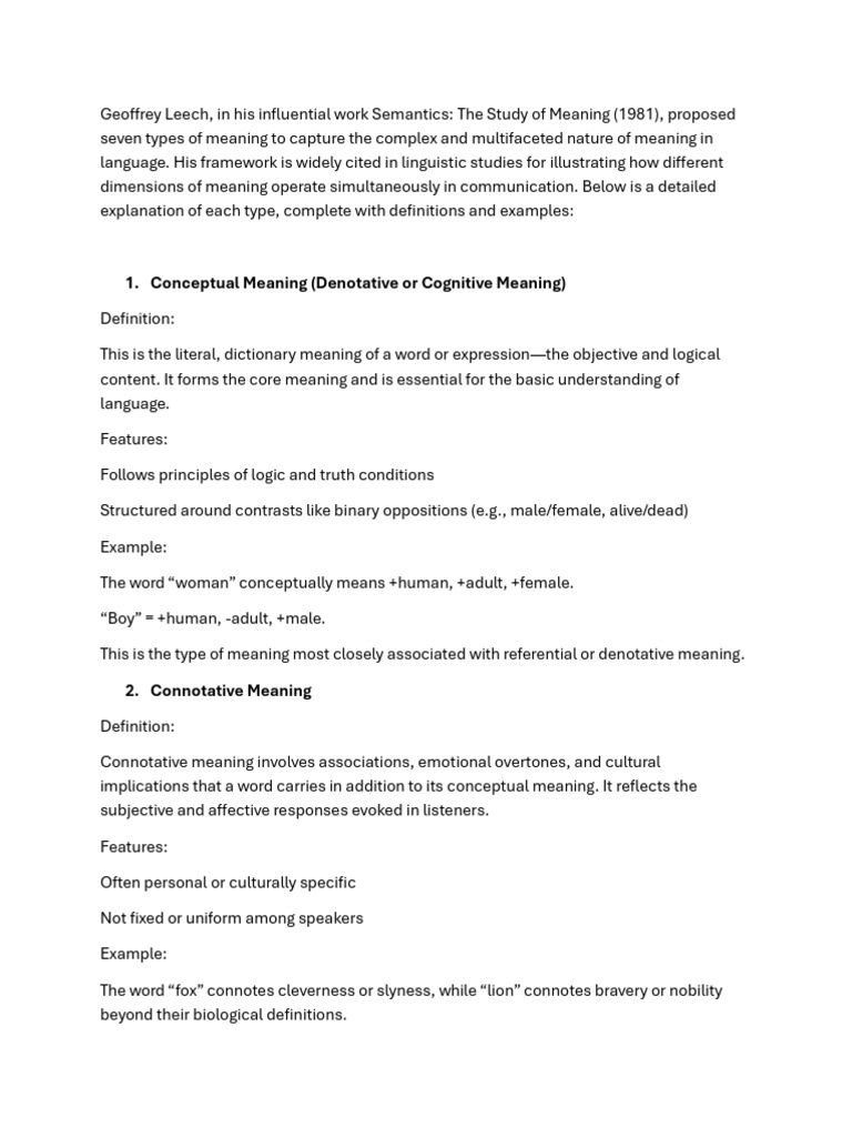 Leech's Seven Types of Meaning Explained | PDF | Semantics | Grammar